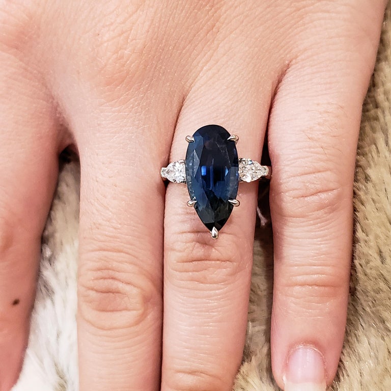 9.73 Carat Pear Shape Blue Sapphire and Diamond Three-Stone Engagement ...