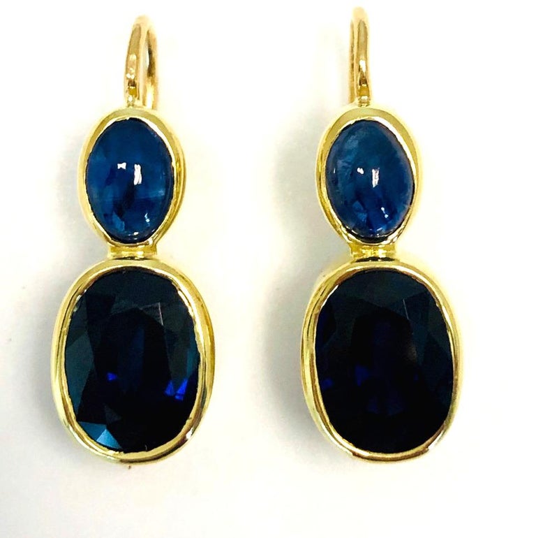 9.85 ct. t.w. Blue Sapphire, 18k Yellow Gold Bezel French Wire Drop ...