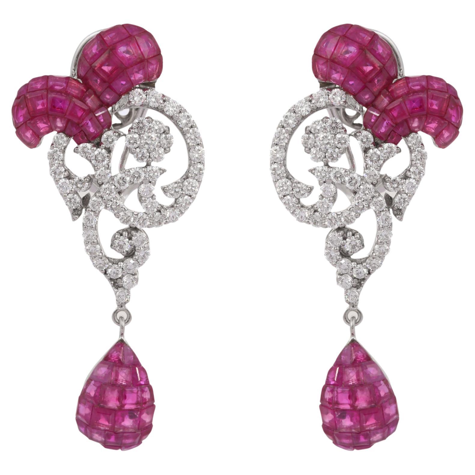 Ruby Dangle Drop Earrings with Diamonds Set in 18k Yellow Gold Wedding ...