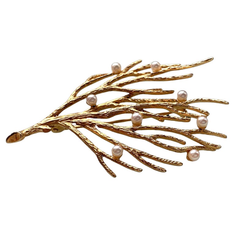 9ct Gold Branch Pearl Brooch For Sale at 1stDibs