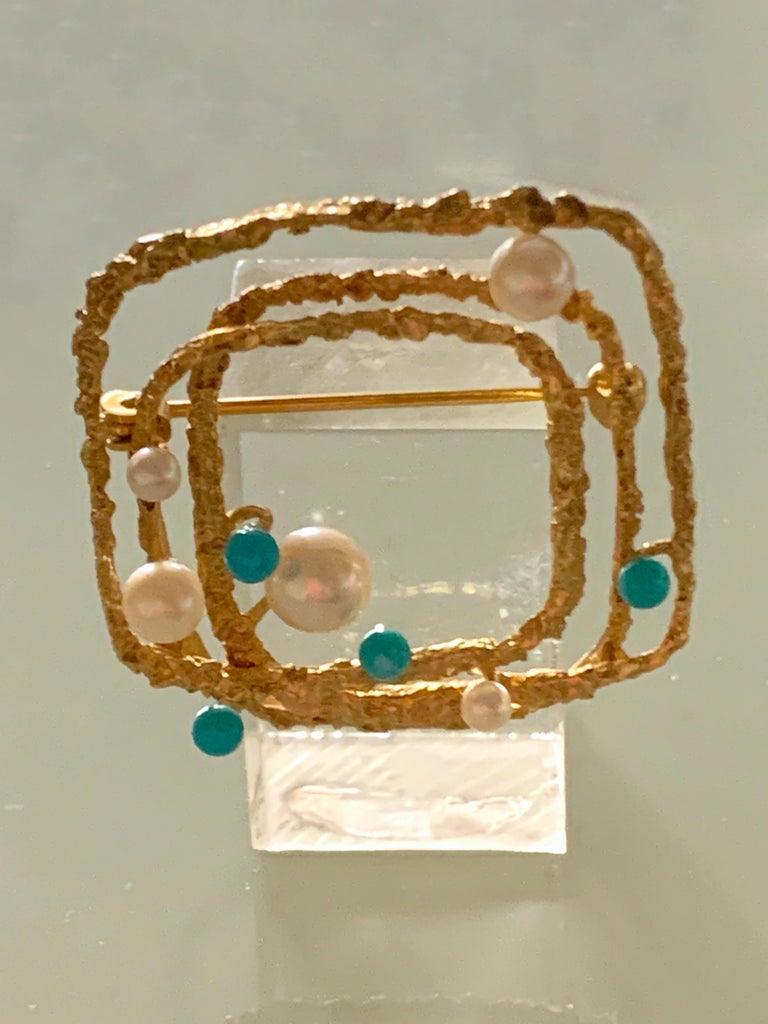 9 Carat Gold Brutalist Pearl and Turquoise Brooch For Sale at 1stDibs