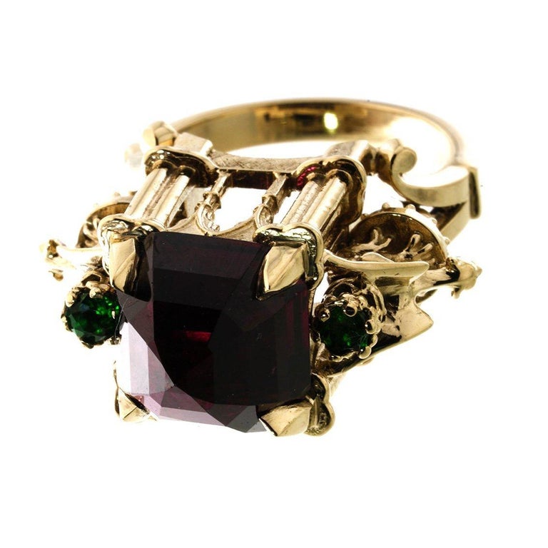 9ct Gold Rhodolite Garnet Cathedral Ring Gothic Victorian Style with ...