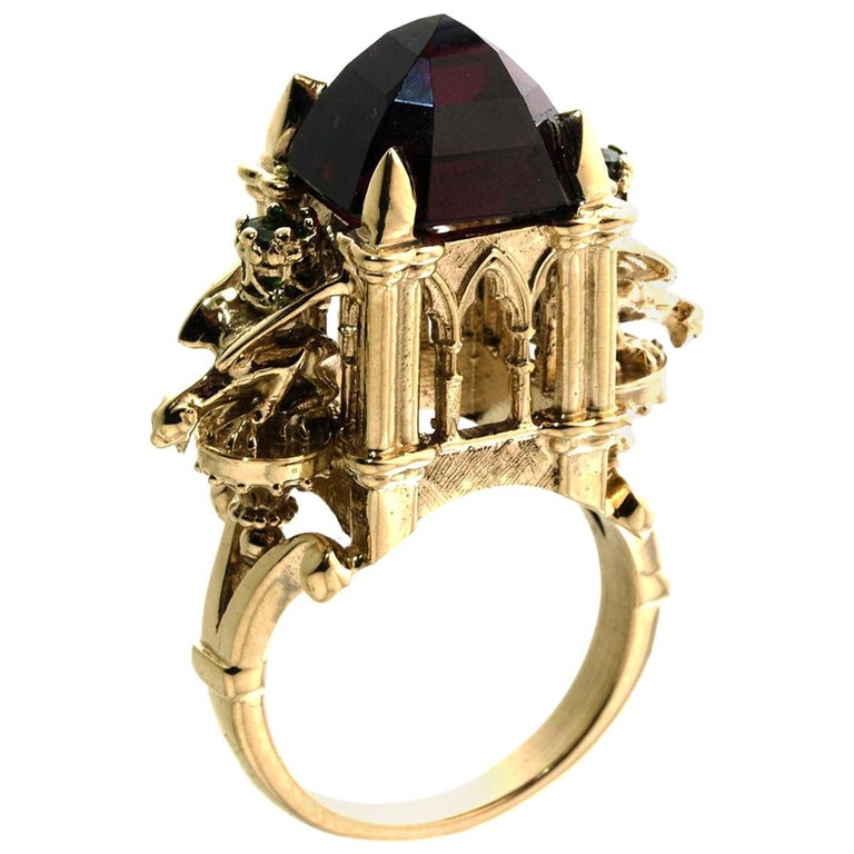 9ct Gold Rhodolite Garnet Cathedral Ring Gothic Victorian Style with ...