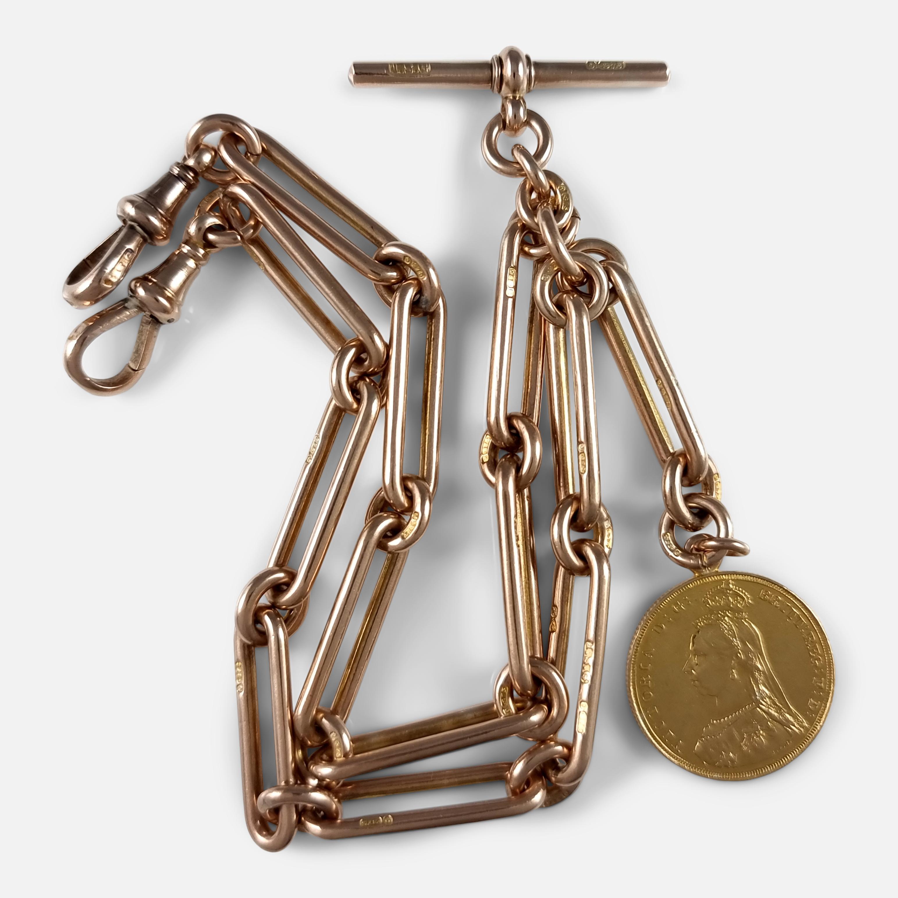 9ct Gold Trombone Link Double Albert Watch Chain, and 1887 Sovereign at ...