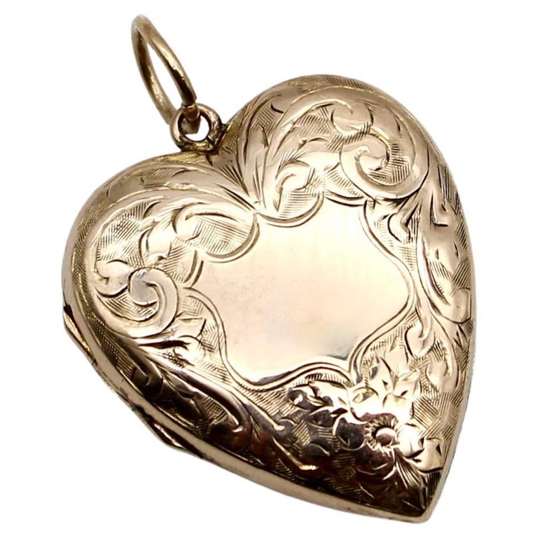 9K Gold Victorian Heart Shaped Locket with Hand Engraving For Sale at ...