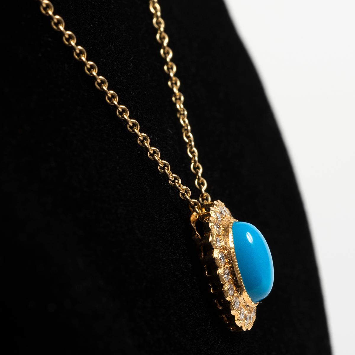9K Yellow Gold Turquoise Oval Diamond Necklace For Sale at 1stDibs
