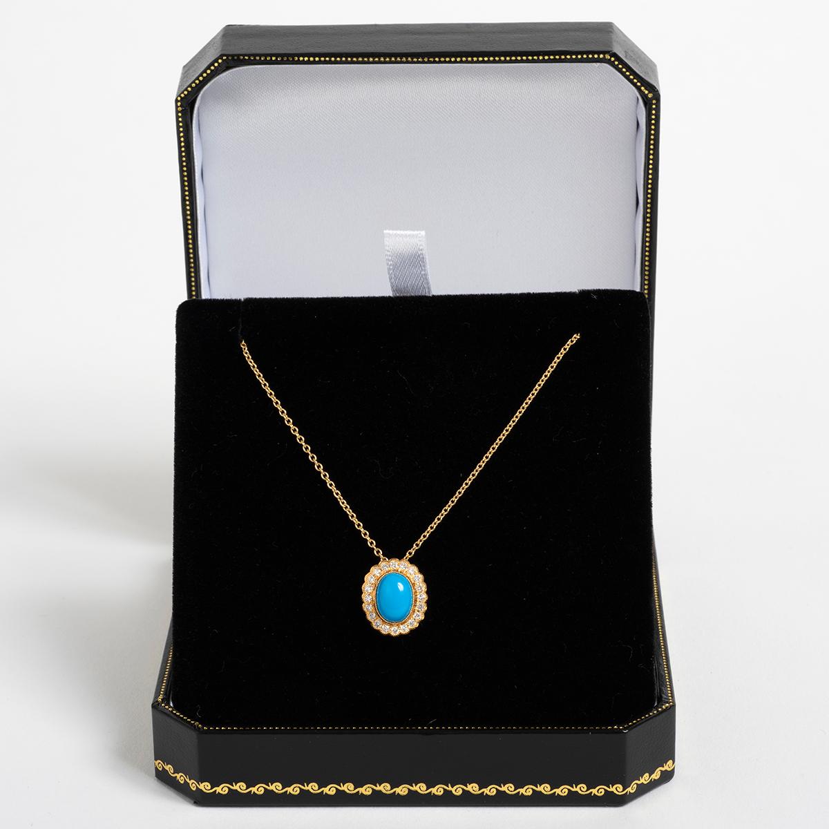 9K Yellow Gold Turquoise Oval Diamond Necklace For Sale at 1stDibs