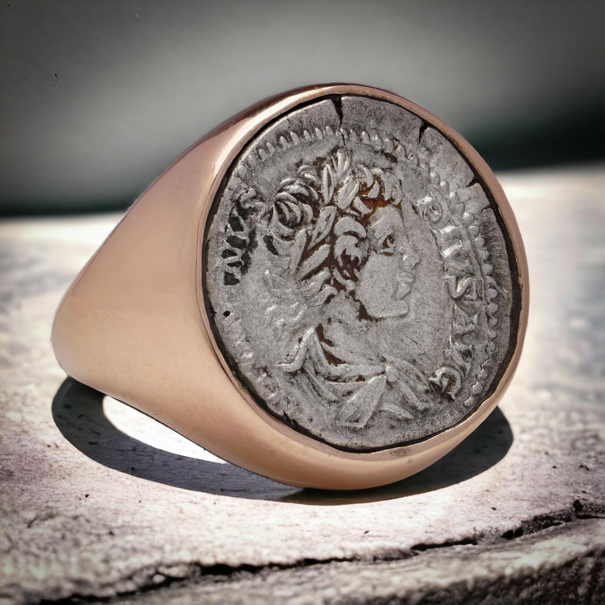9kt. gold Roman 999. silver coin signet ring depicting young Caracalla ...