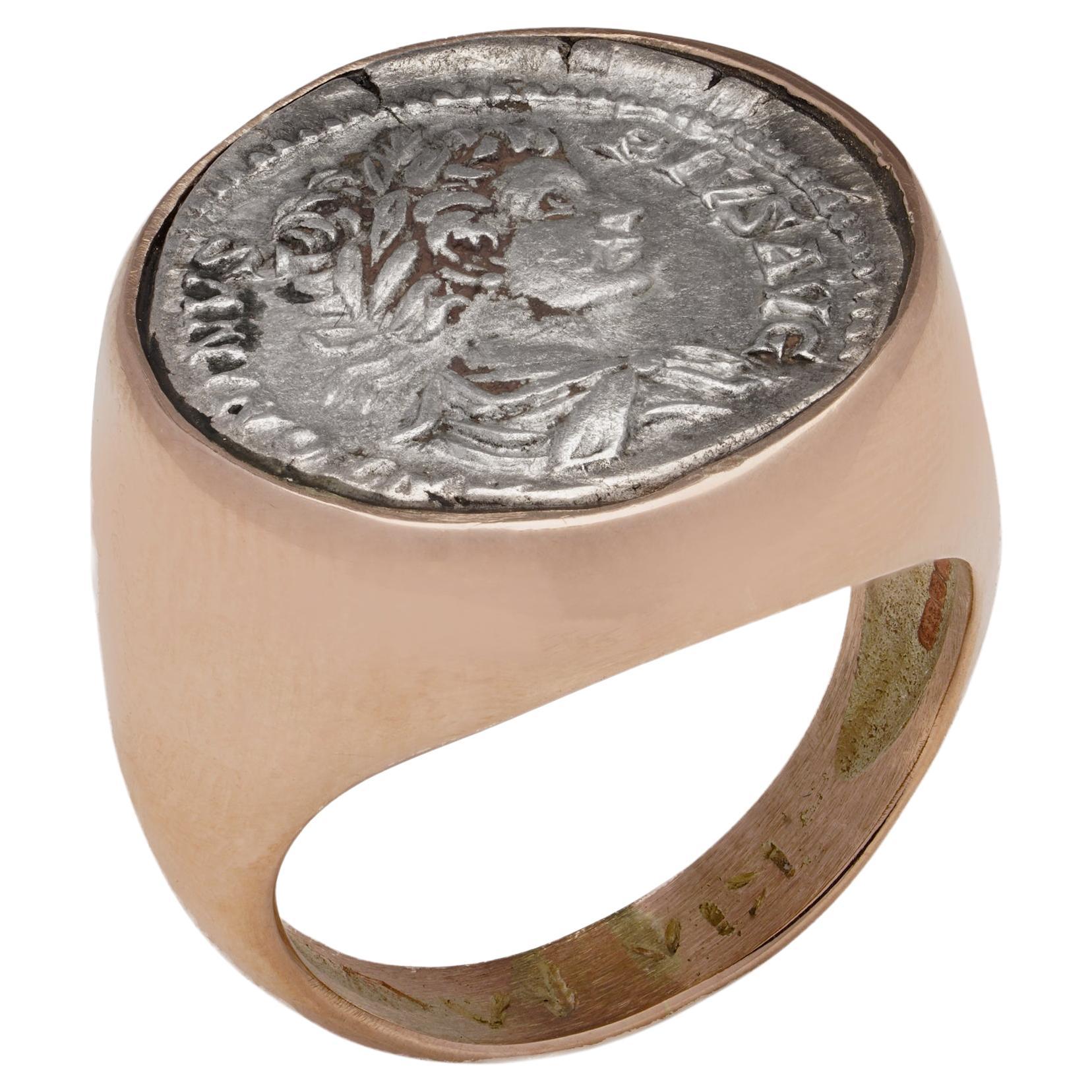 9kt. gold Roman 999. silver coin signet ring depicting young Caracalla ...