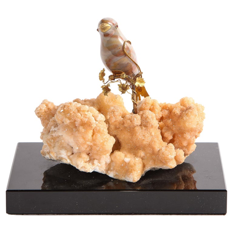 14K Gold Mounted Agate Bird on Selenium Stone, Mounted on Black Glass ...