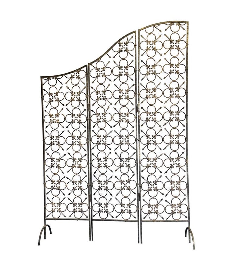 1950s Spanish Wrought Iron Three Panel Screen with Sloping Curved Top ...