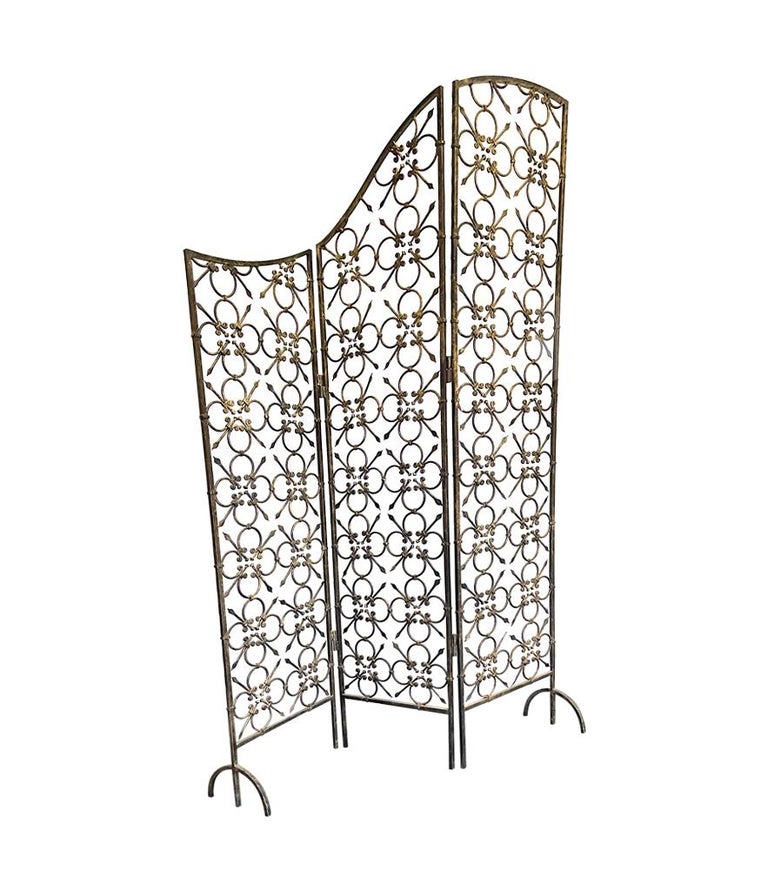 1950s Spanish Wrought Iron Three Panel Screen with Sloping Curved Top ...