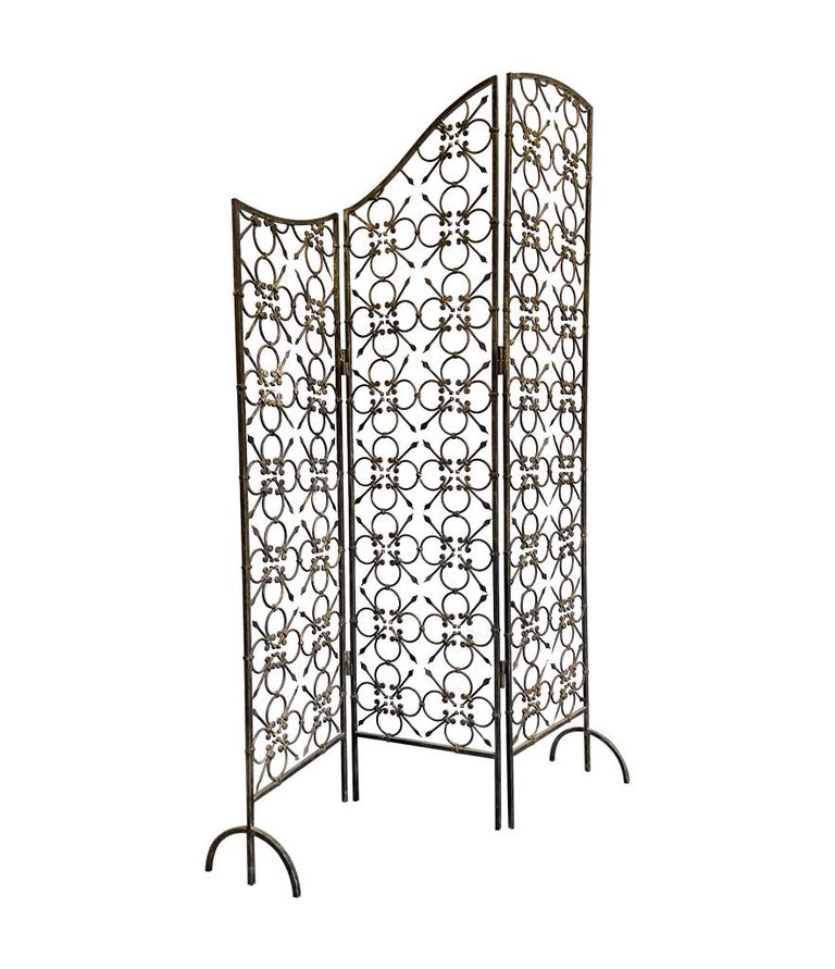1950s Spanish Wrought Iron Three Panel Screen with Sloping Curved Top ...