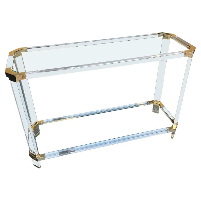 1970s Lucite and Gilt Metal Console Table with Two Glass Shelves For ...