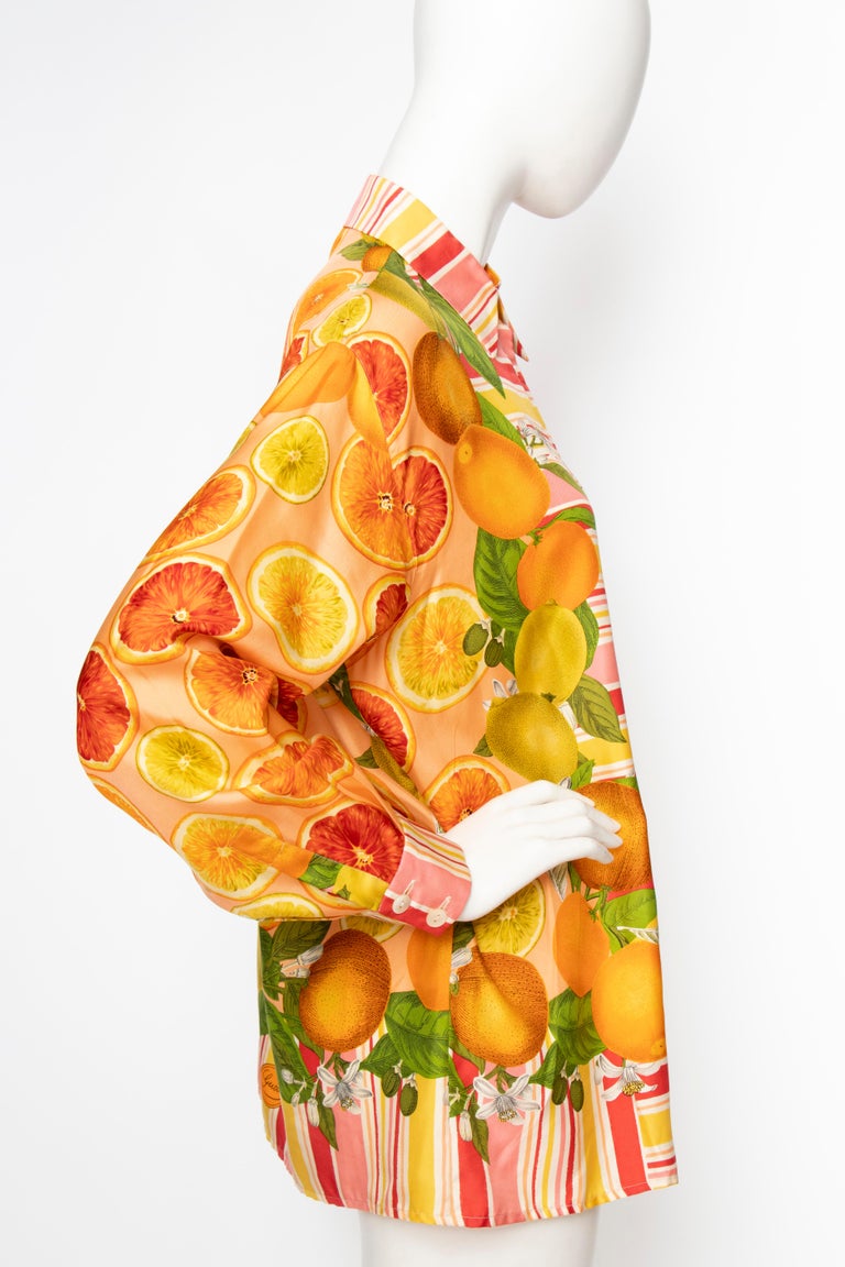 A 1990s Vintage Gucci Fruit Print Silk Twill Blouse at 1stDibs