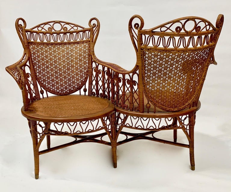 19th C. Wicker Conversation Chair with Intricate Caned Backs in Natural ...