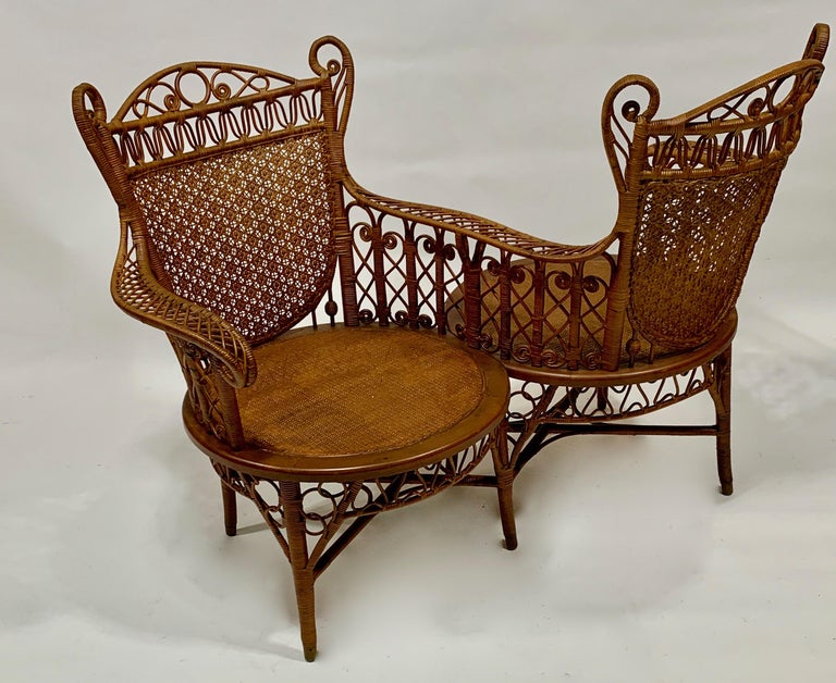 19th C. Wicker Conversation Chair with Intricate Caned Backs in Natural ...