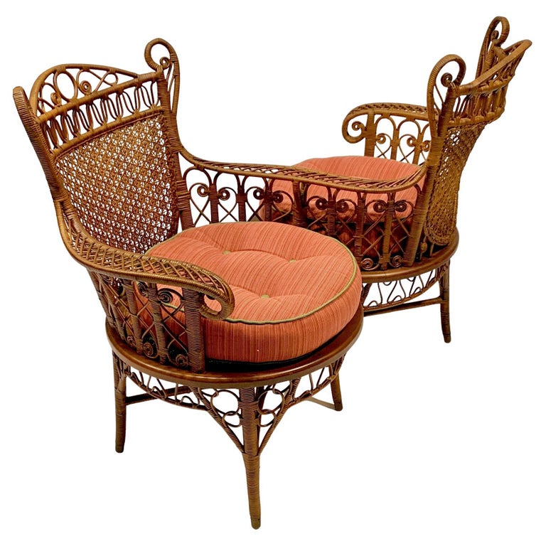 19th C. Wicker Conversation Chair with Intricate Caned Backs in Natural ...