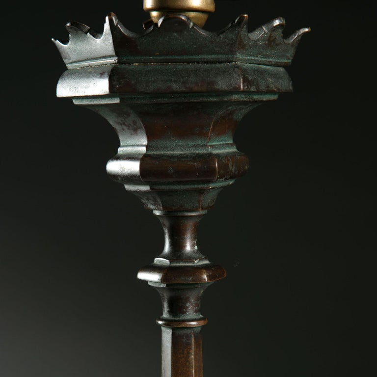 19th Century Bronze Column Lamp with a Triform Base For Sale at 1stDibs