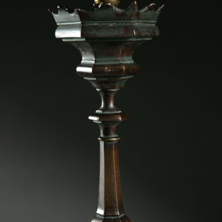 19th Century Bronze Column Lamp with a Triform Base For Sale at 1stDibs