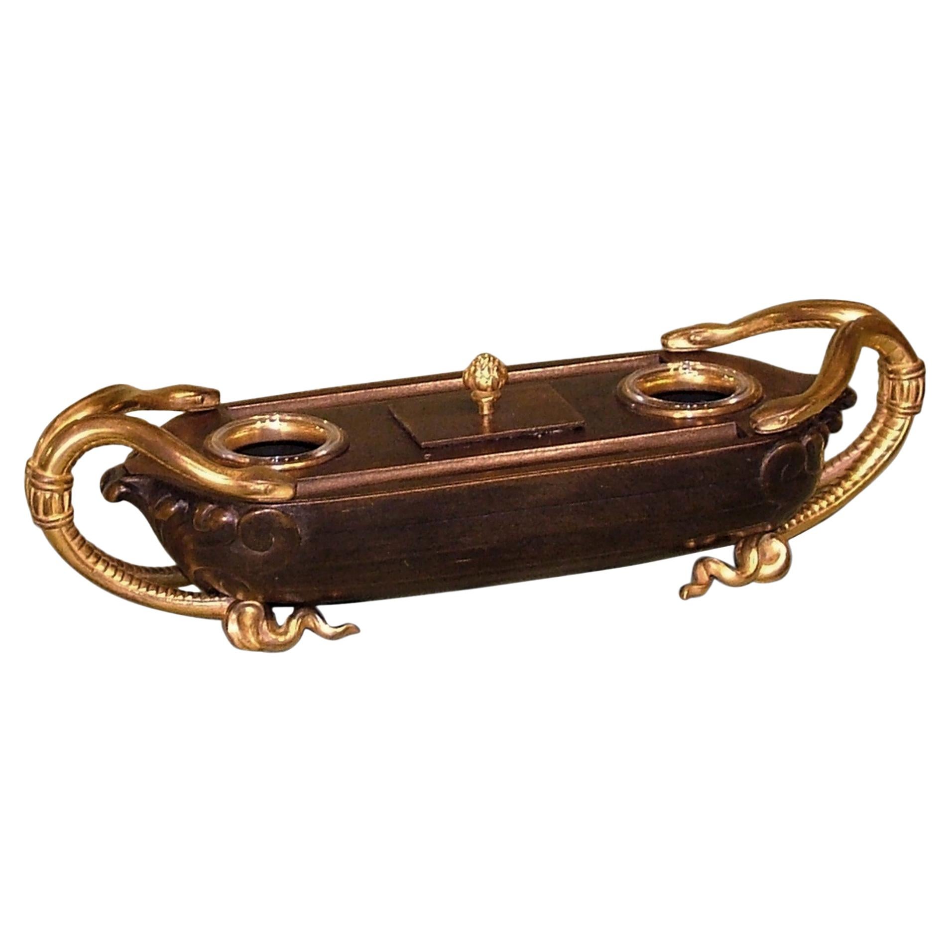 19th Century Victorian Brass Inkwell with Winged Dragons and Integrated ...