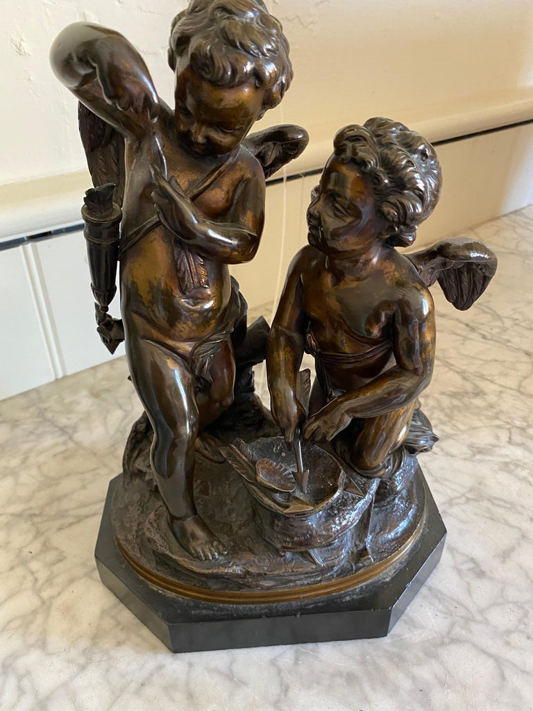 19th Century French Patinated Bronze Figural Group of a Pair of Winged ...