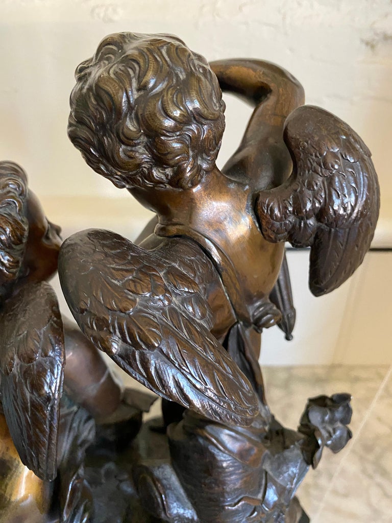 19th Century French Patinated Bronze Figural Group of a Pair of Winged ...