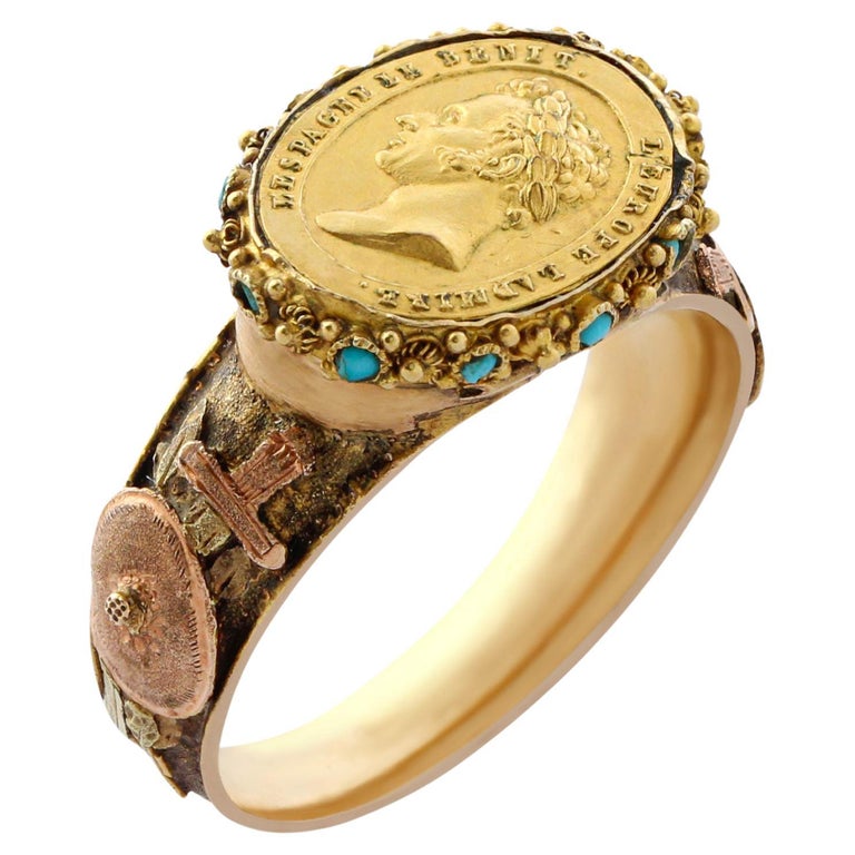 19th Century Gold and Turquoise Locket Ring For Sale at 1stDibs