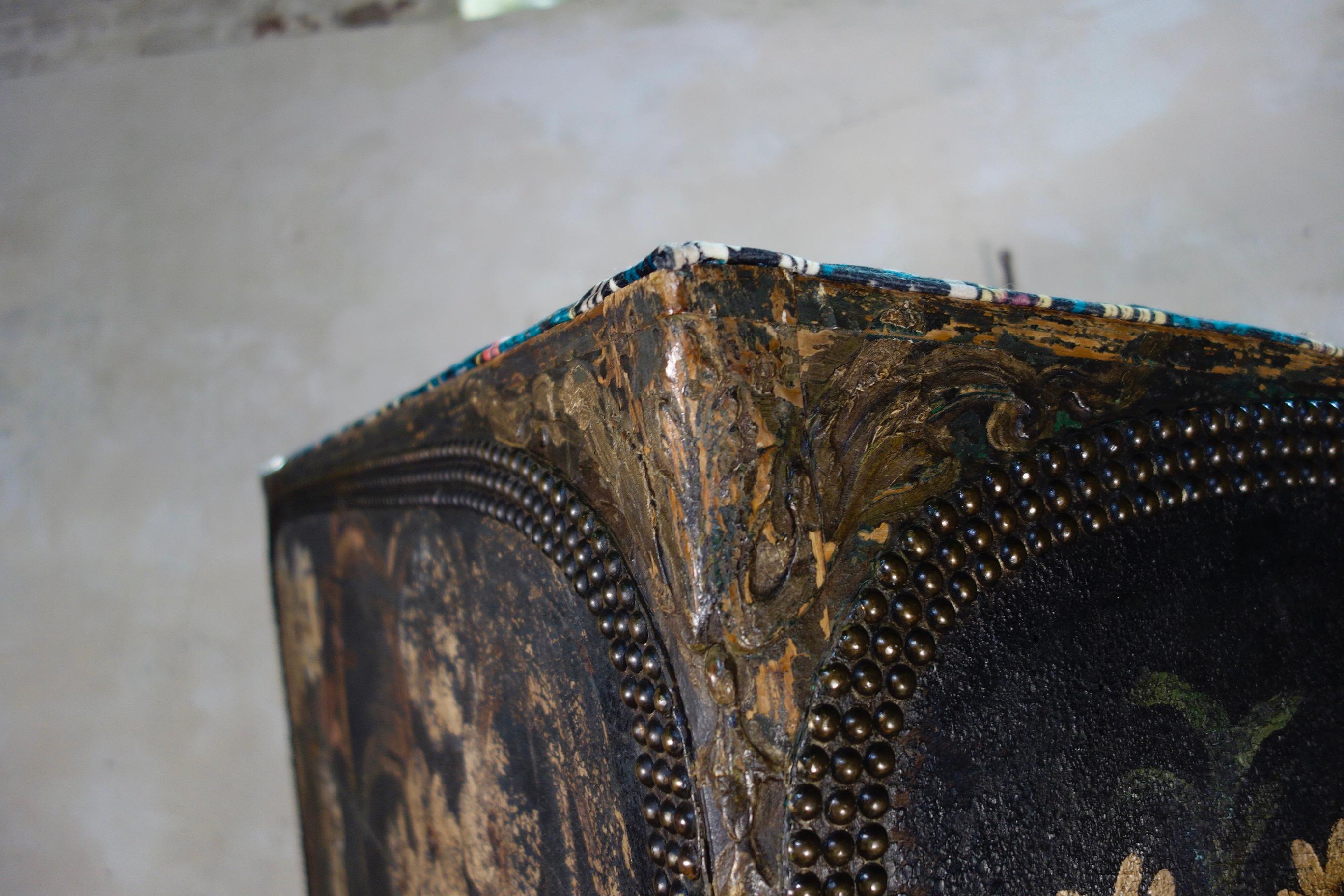 19th Century Painted Gothic Continental Leather Upholstered Settle ...