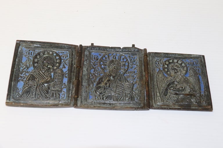 19th Century Russian Folding Bronze and Enamel Orthodox Icon, circa 1880 For Sale at 1stDibs