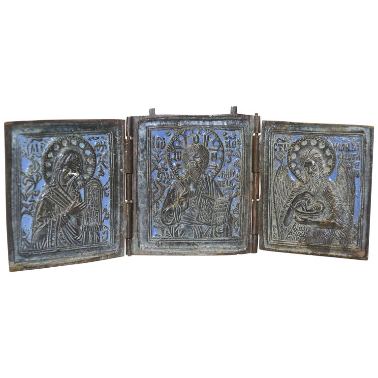 19th Century Russian Folding Bronze and Enamel Orthodox Icon, circa 1880 For Sale at 1stDibs