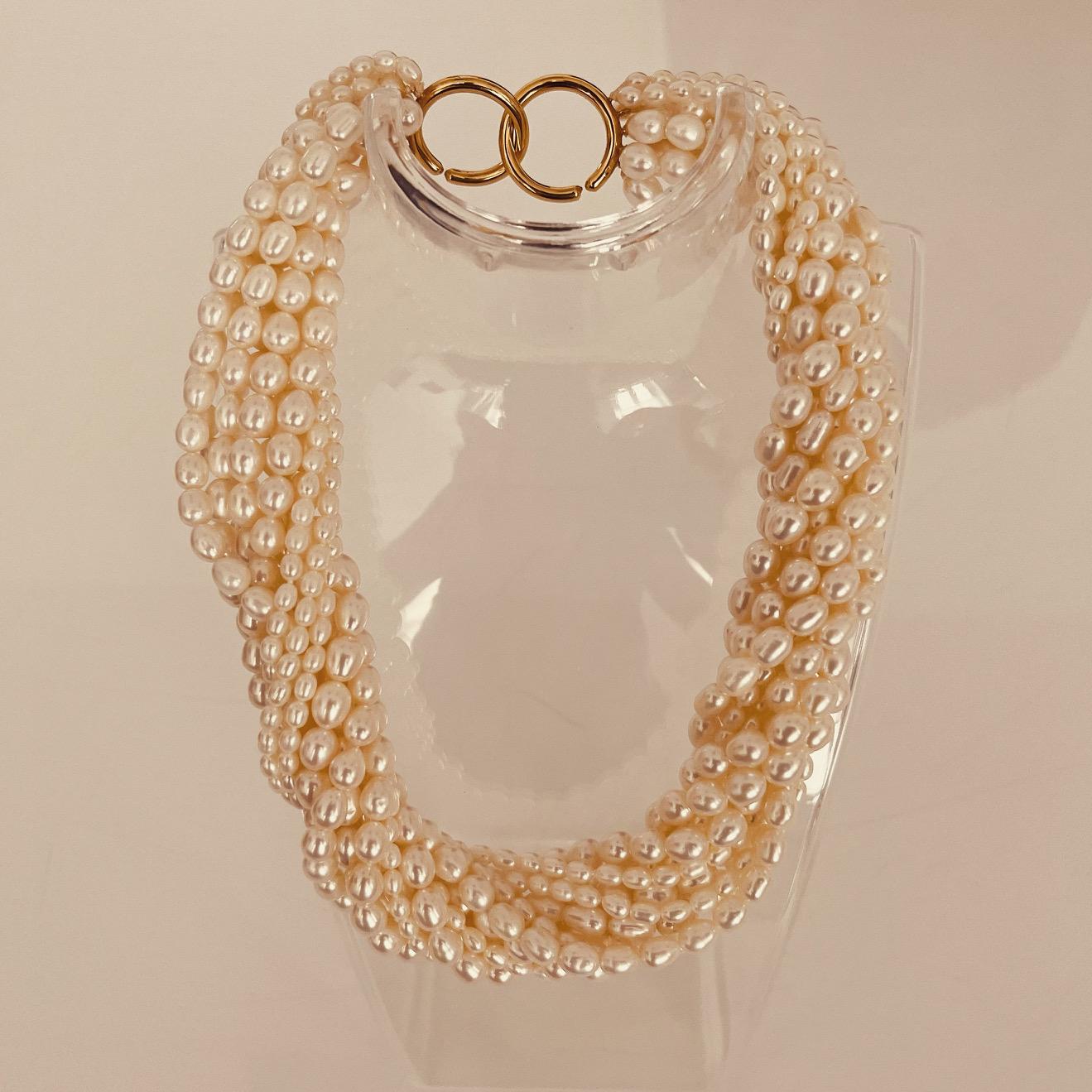 Multi Row Freshwater White Cultured Pearl Necklace to 18 Carat Gold ...