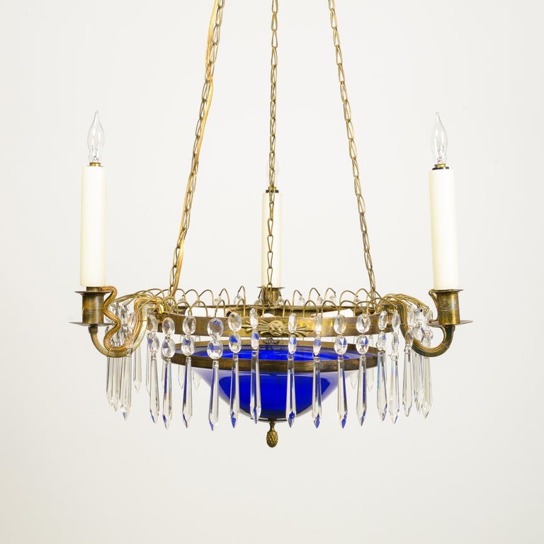 Baltic Crystal, Cobalt Glass, and Gilt-Bronze Three-Light Chandelier ...