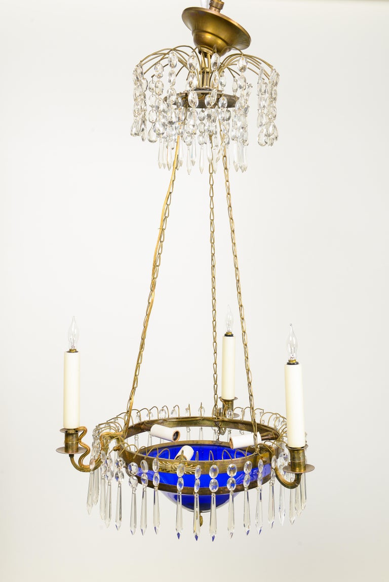 Baltic Crystal, Cobalt Glass, and Gilt-Bronze Three-Light Chandelier ...