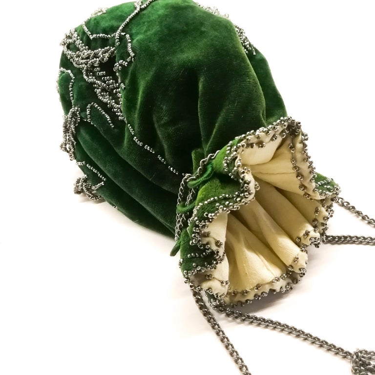A beautiful deep green velvet and cut steel drawstring handbag, French ...