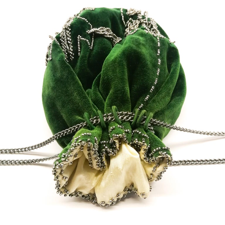A beautiful deep green velvet and cut steel drawstring handbag, French ...