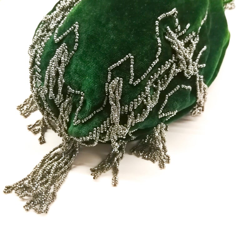 A beautiful deep green velvet and cut steel drawstring handbag, French ...