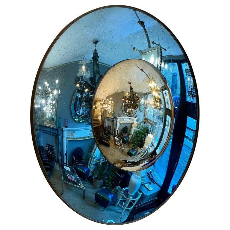 Blue and Silver Distressed Glass Convex Mirror at 1stDibs