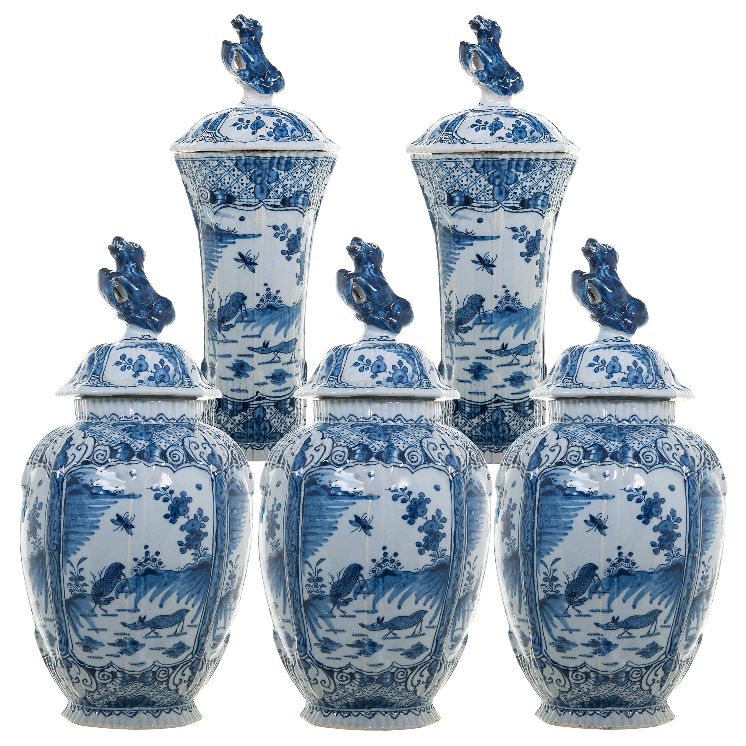 Blue and White Dutch Delft 5-Piece Garniture For Sale at 1stDibs