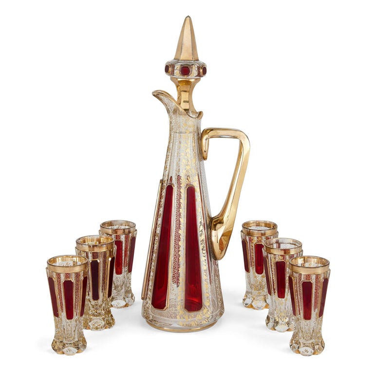 Bohemian Red and Gold Overlay Glass Liqueur Set For Sale at 1stDibs