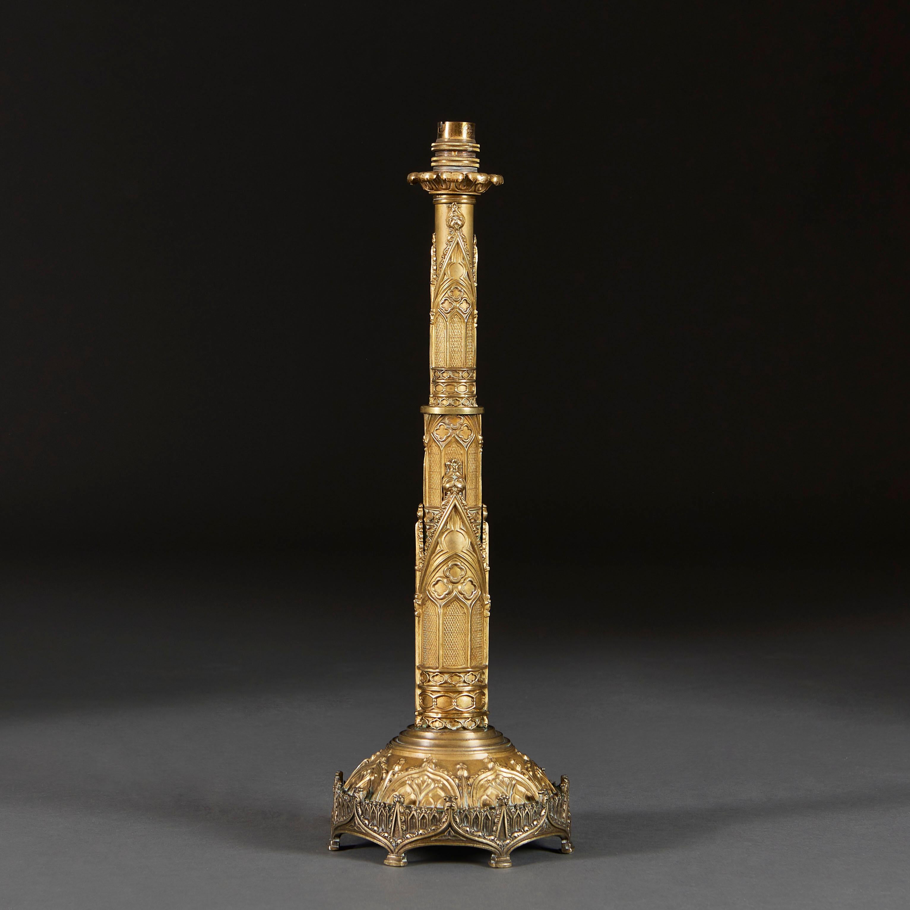 A brass gothic column table lamp For Sale at 1stDibs