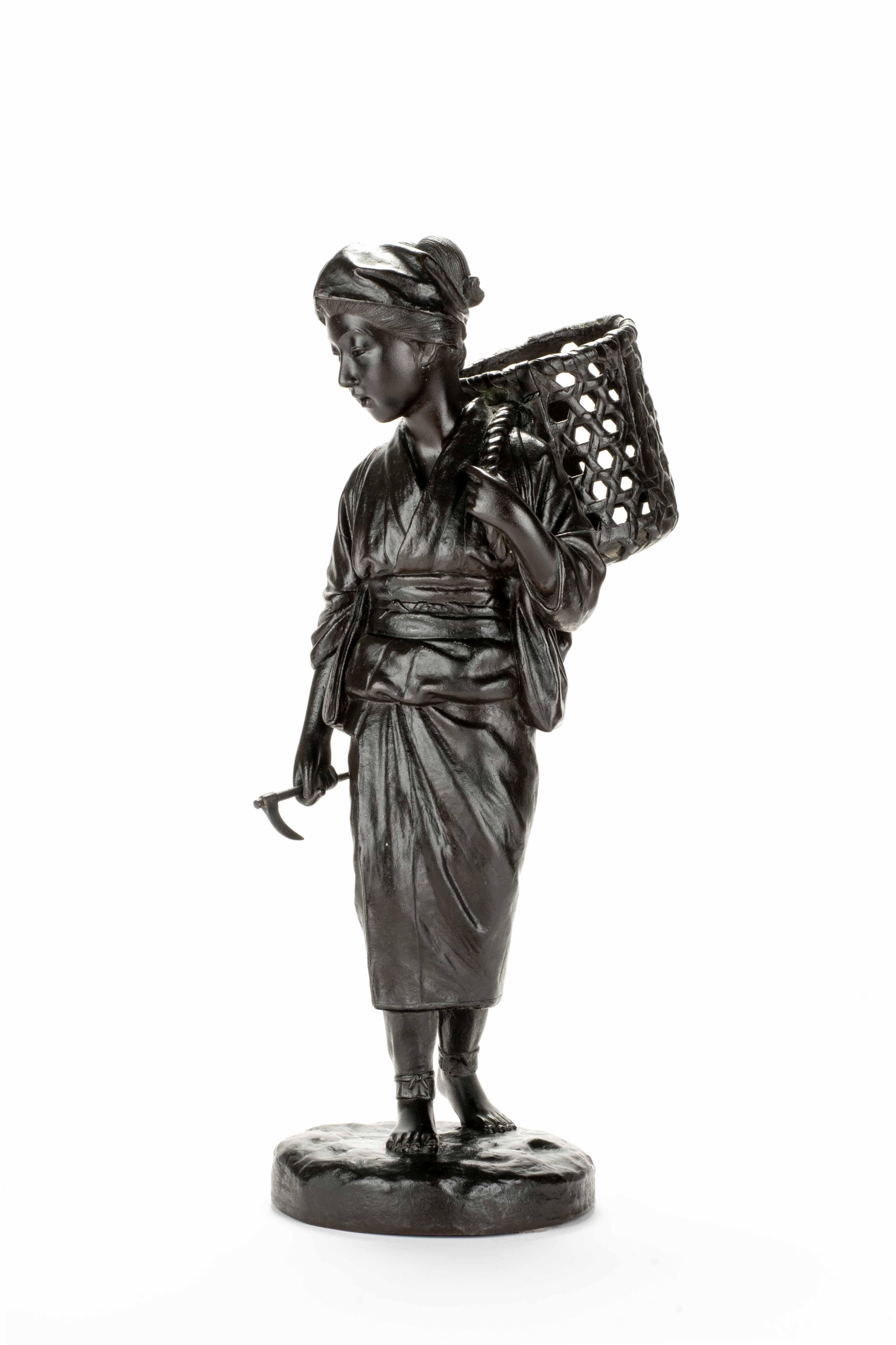 A bronze okimono depicting a walking peasant woman For Sale at 1stDibs