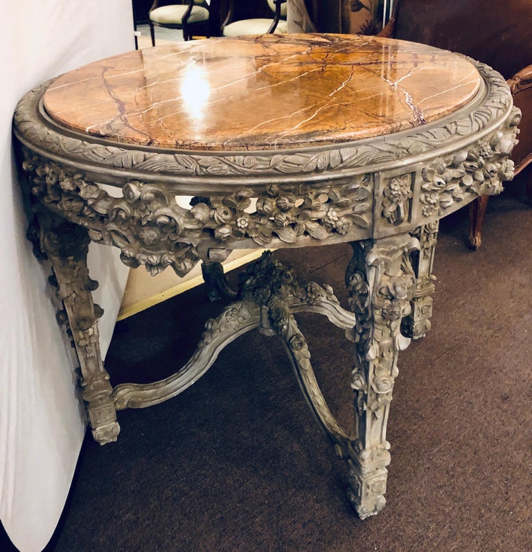 Carved Marble Top Rose and Grape with Leaf Decorated Center, Dining or ...