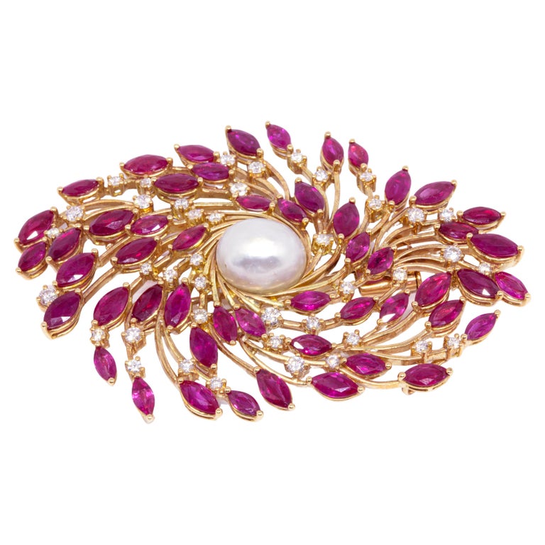 Certified Natural Bahraini Pearl and Marquise Rubies 18k Gold Brooch ...