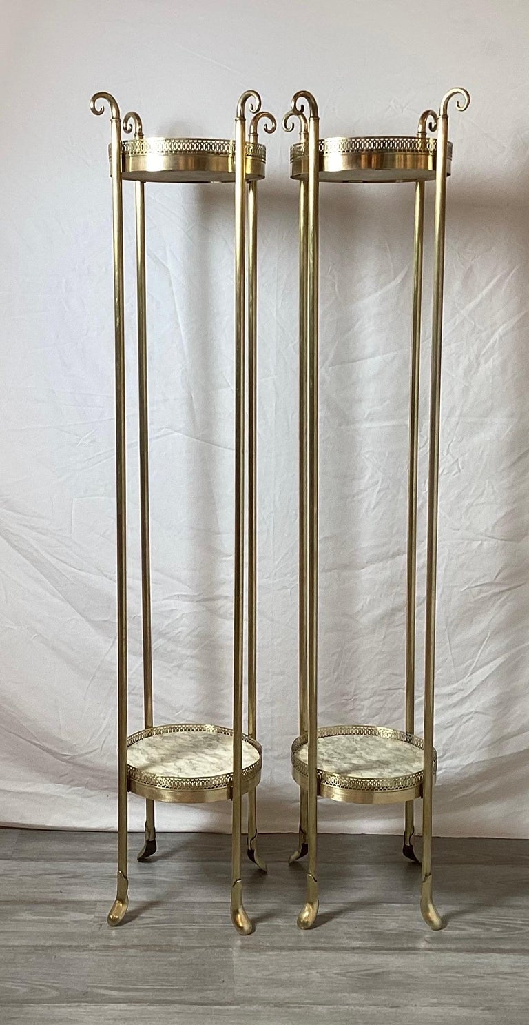 Chic Pair of Brass and Marble Two Tiered Stands For Sale at 1stDibs