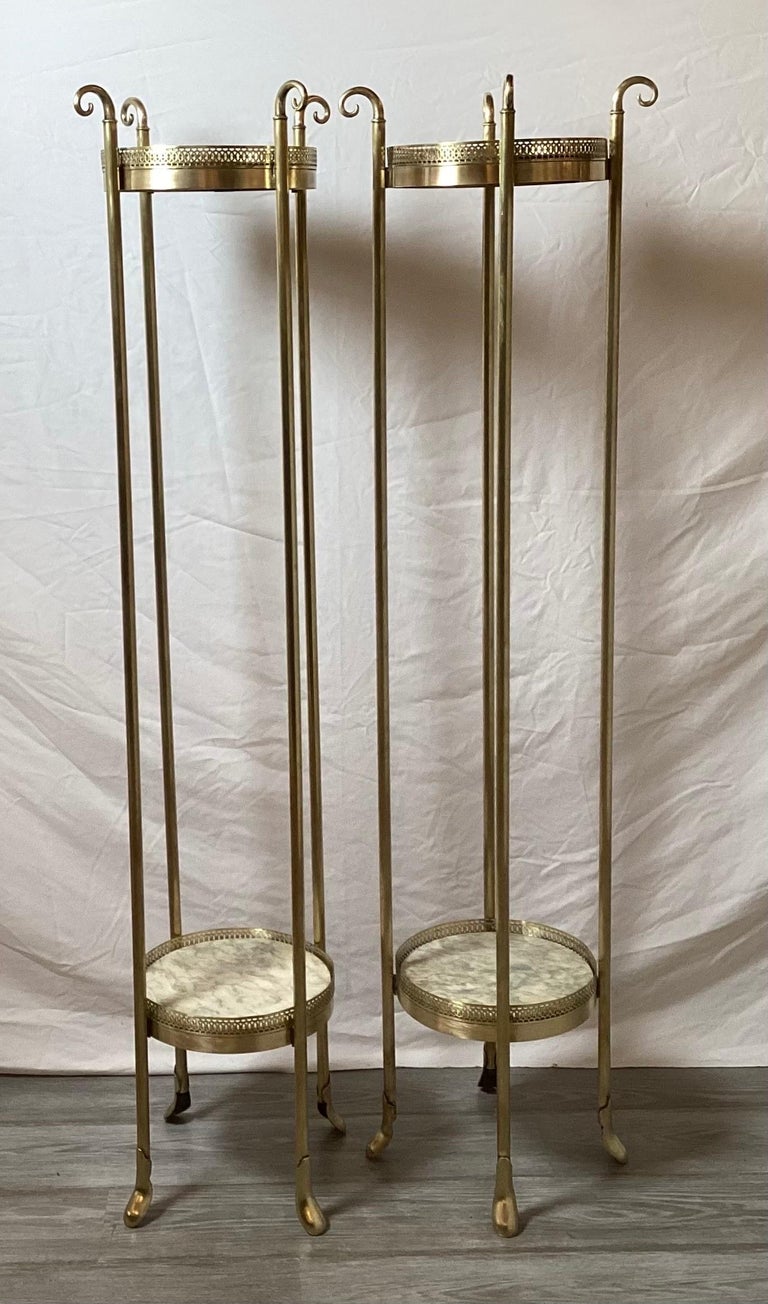 Chic Pair of Brass and Marble Two Tiered Stands For Sale at 1stDibs