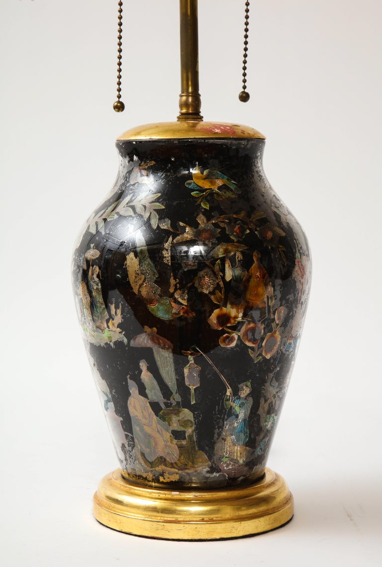 Chinoiserie Decorated Black-Ground Decalcomania Glass Lamp For Sale at ...
