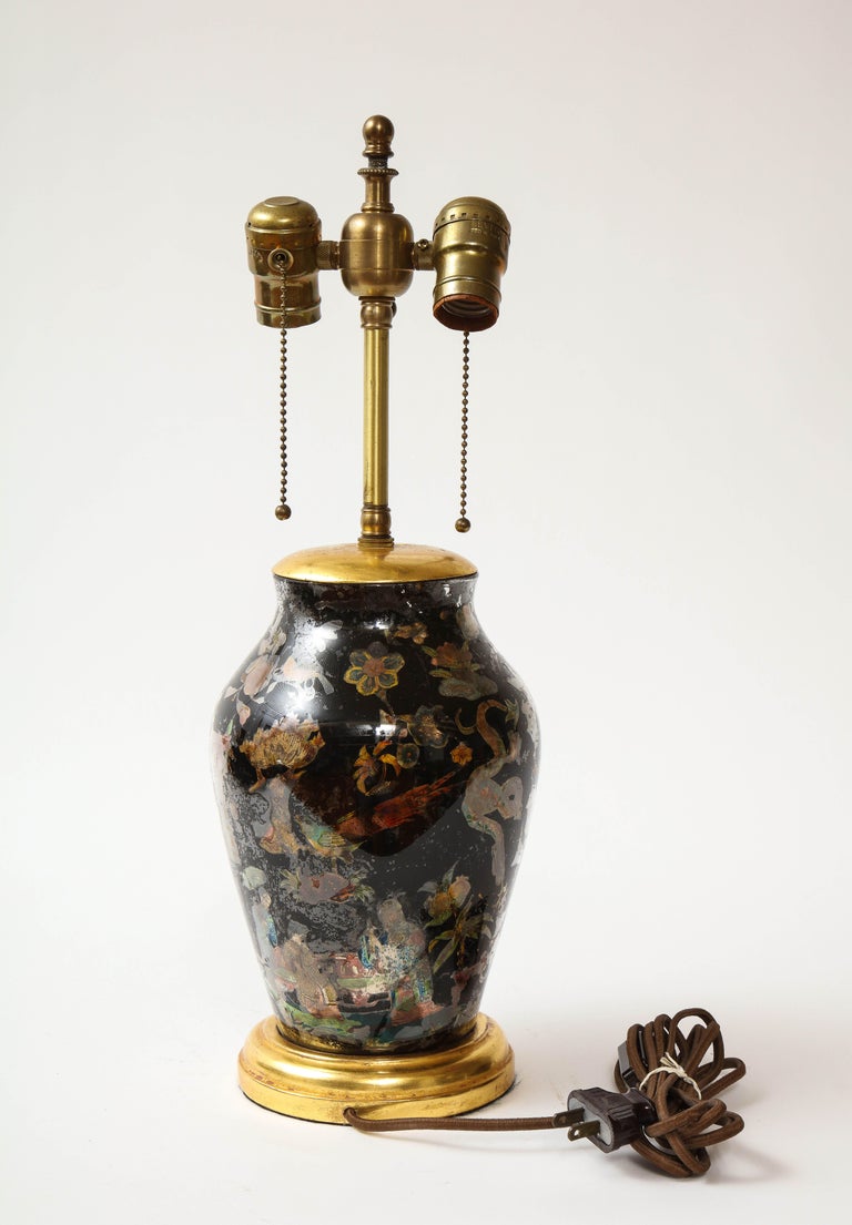 Chinoiserie Decorated Black-Ground Decalcomania Glass Lamp For Sale at ...