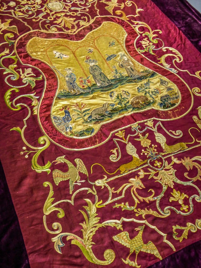 A Chinoiserie Embroidered And Appliqué Hanging Tapestry - France - Late ...