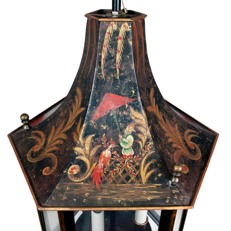Tole Peinte Hexagonal Lantern Featuring Traditional Chinoiserie Imagery ...